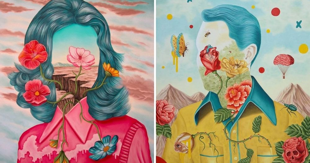Surrealist portrait paintings blending human heads with nature elements ...