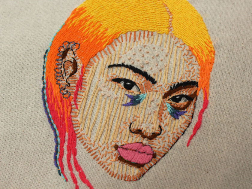 Expressive embroidered portraits composed of colorful lines and ...