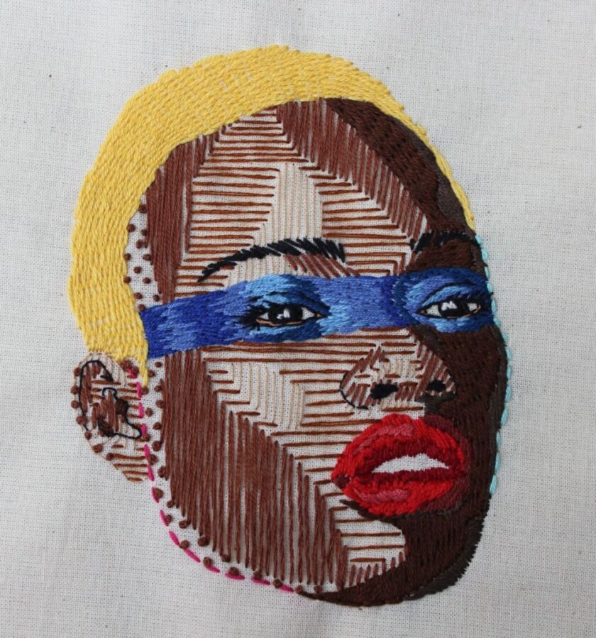 Expressive embroidered portraits composed of colorful lines and ...