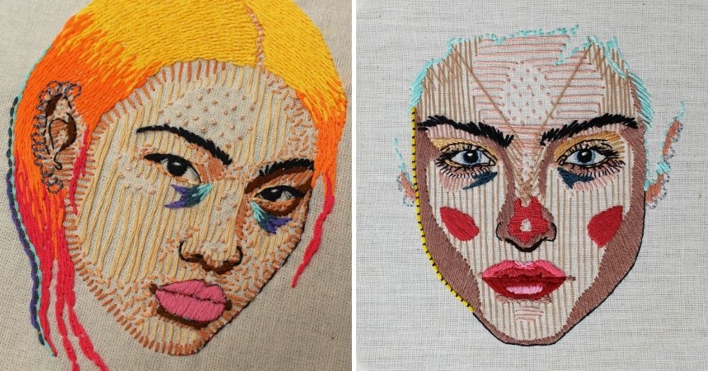 Expressive embroidered portraits composed of colorful lines and ...