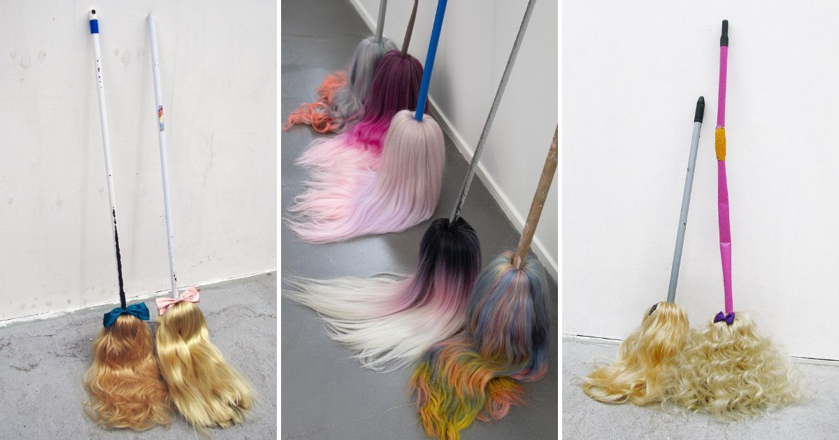 Vincent Olinet: surreal broom with human hair sculptures