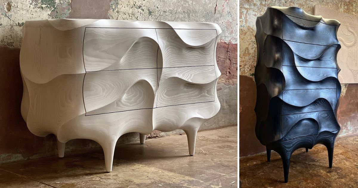 Intricately engraved and textured organic-shaped furniture by Caleb ...