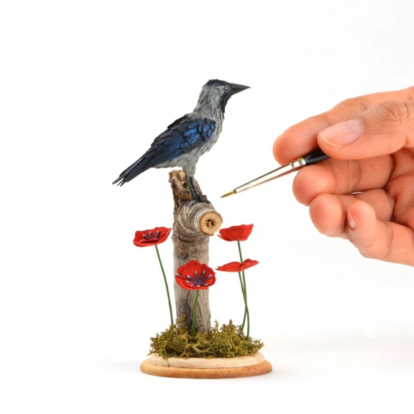 Nayan and Venus: miniature bird paper sculptures