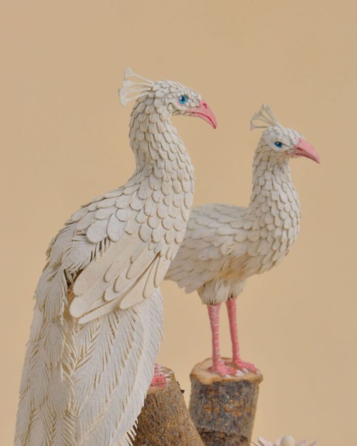 Nayan and Venus: miniature bird paper sculptures
