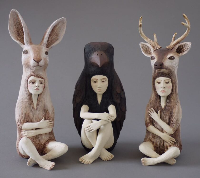 Crystal Morey: people encased in endangered animal ceramic sculptures